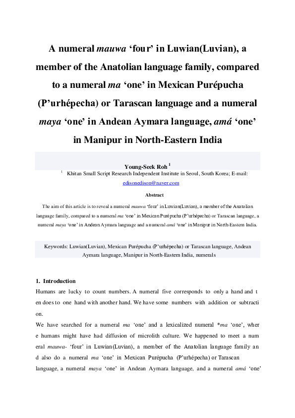 (PDF) A numeral mauwa 'four' in Luwian(Luvian), a member of the ...