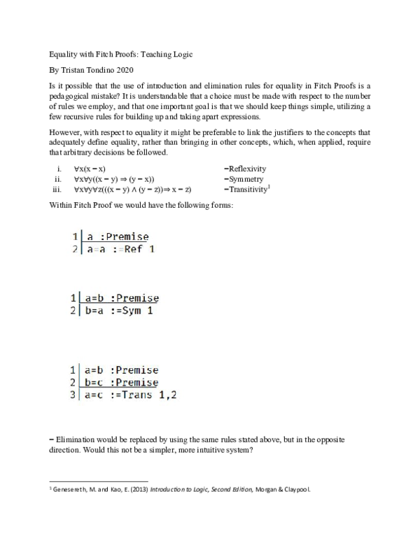 (PDF) Equality with Fitch Proofs: Teaching Logic