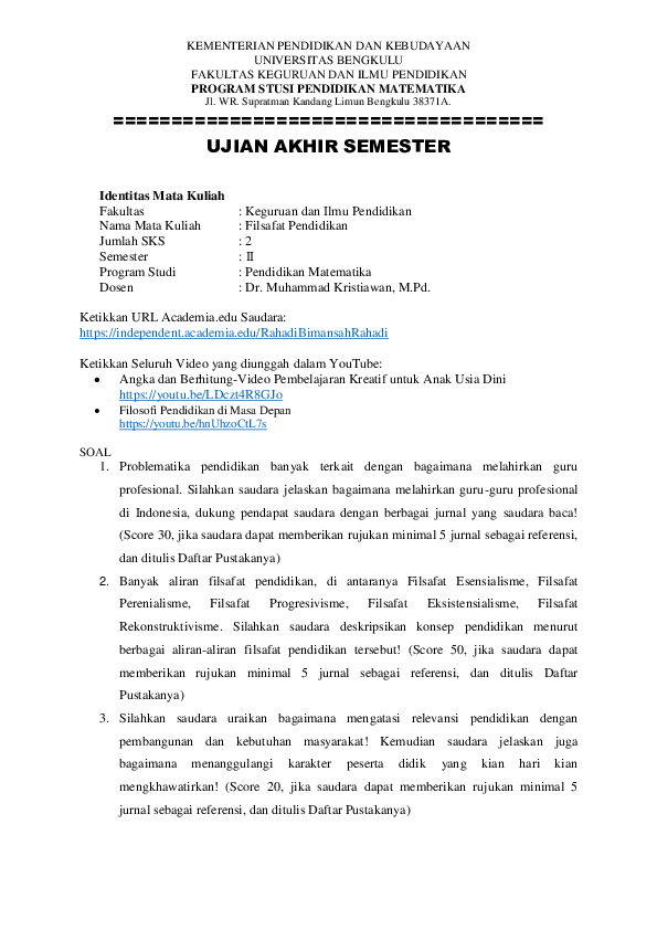 (PDF) Ujian Akhir Semester Filsafat Pendidikan Rahadi Bimansah