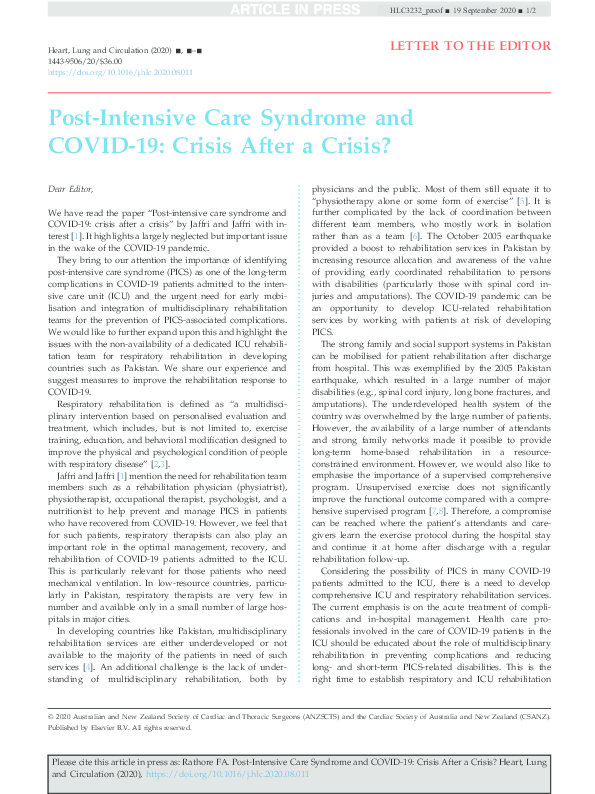 (PDF) Post-Intensive Care Syndrome and COVID-19: Crisis After a Crisis | Farooq A Rathore and Dr ...