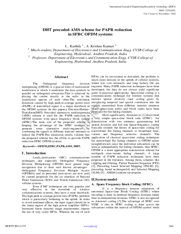 (PDF) IJERT-DHT precoded AMS scheme for PAPR reduction in SFBC OFDM systems