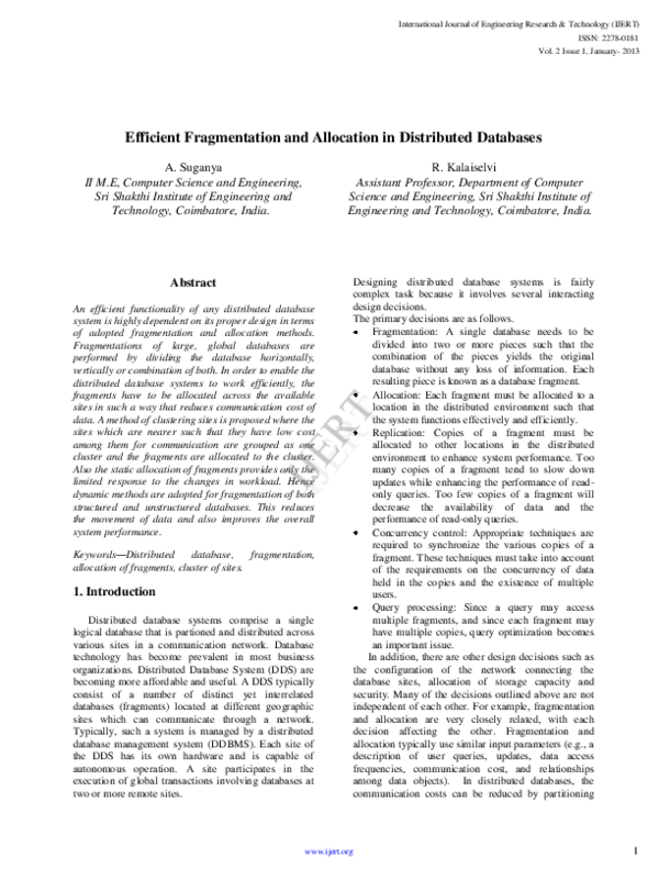 Pdf Ijert Efficient Fragmentation And Allocation In Distributed Databases