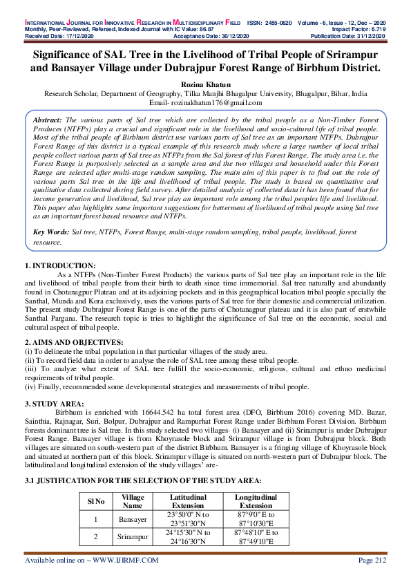 (PDF) Significance of SAL Tree in the Livelihood of Tribal People of ...