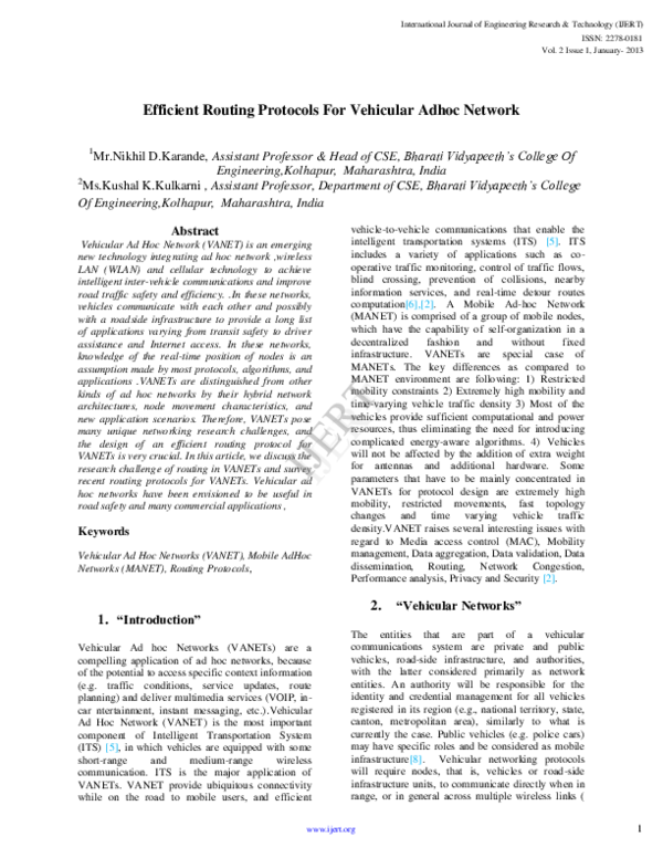 Pdf Ijert Efficient Routing Protocols For Vehicular Adhoc Network