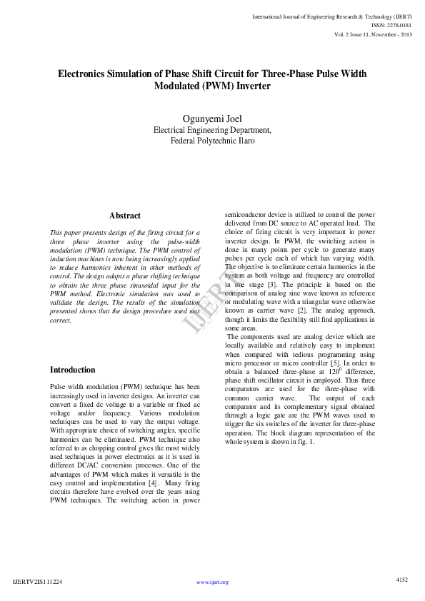 Pdf Ijert Electronics Simulation Of Phase Shift Circuit For Three Phase Pulse Width Modulated