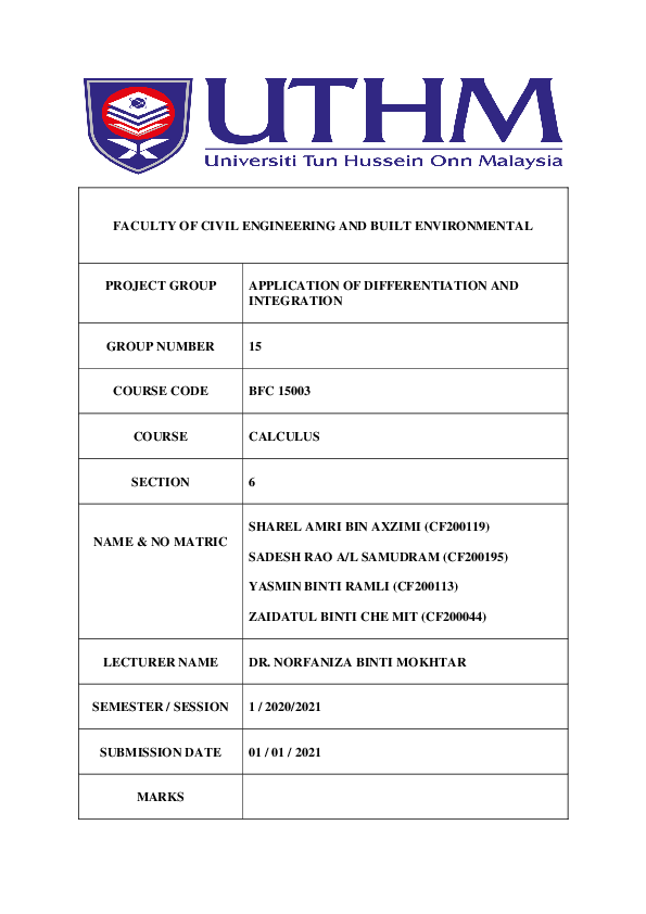 (PDF) BFC15003 CALCULUS PROJECT (UTHM)
