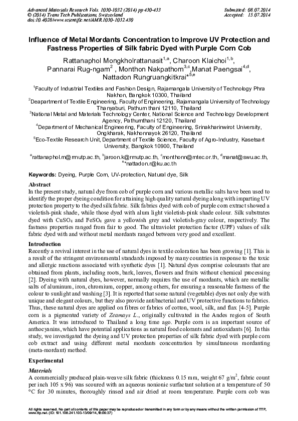(PDF) Influence of Metal Mordants Concentration to Improve UV Protection and Fastness Properties ...