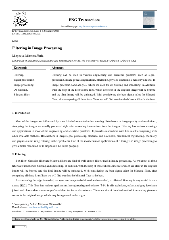 (PDF) Filtering in Image Processing
