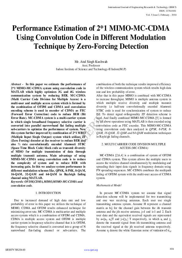 Pdf Ijert Performance Estimation Of 2 1 Mimo Mc Cdma Using
