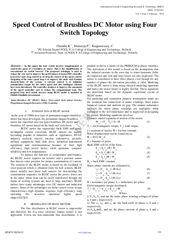 Pdf Ijert Speed Control Of Brushless Dc Motor Using Four Switch Topology Ijert Journal