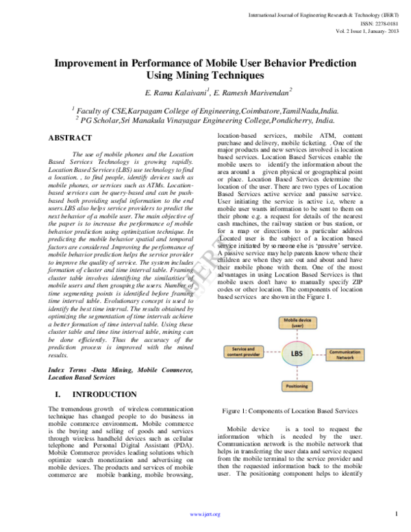 Pdf Ijert Improvement In Performance Of Mobile User Behavior Prediction Using Mining Techniques