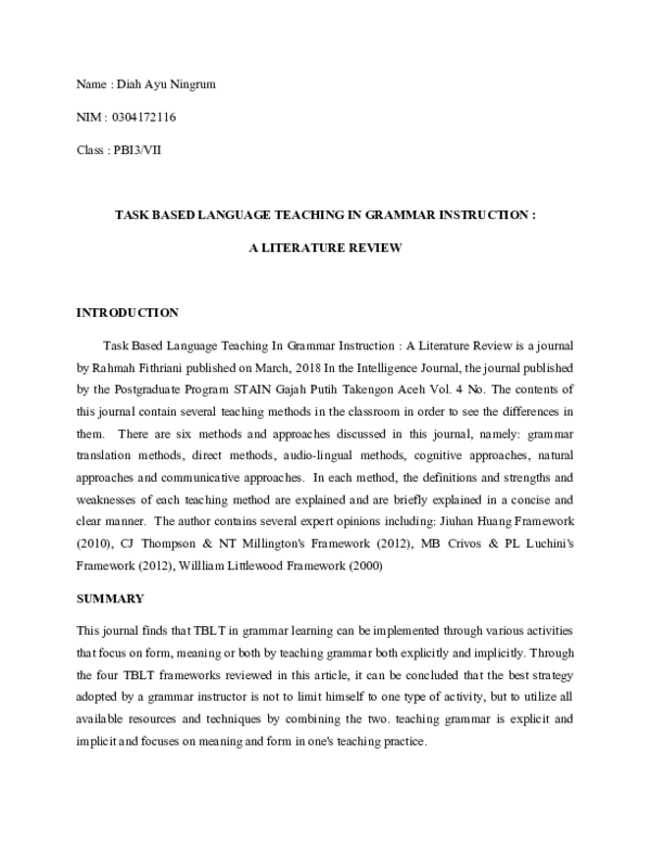 (DOC) TASK BASED LANGUAGE TEACHING IN GRAMMAR INSTRUCTION : A LITERATURE REVIEW