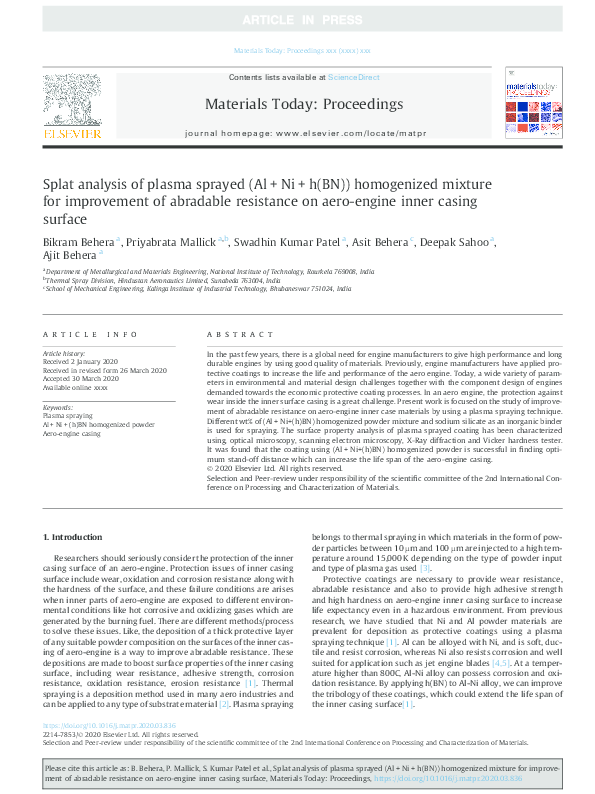 (PDF) Splat analysis of plasma sprayed (Al + Ni + h(BN)) homogenized ...