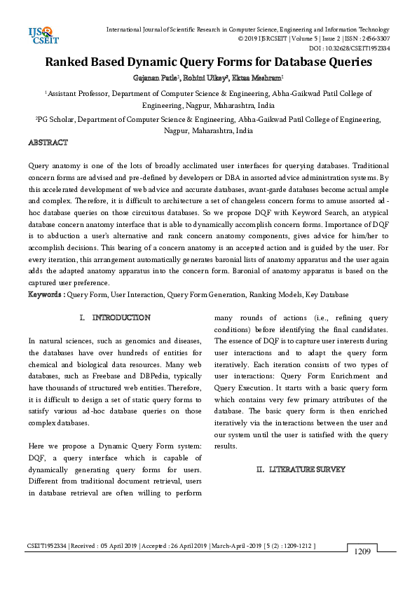 Pdf Ranked Based Dynamic Query Forms For Database Queries International Journal Of