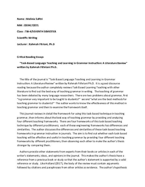 Doc Task Based Language Teaching And Learning In Grammar Instruction