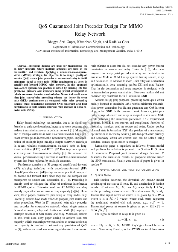 (PDF) IJERT-QoS Guaranteed Joint Precoder Design For MIMO Relay Network