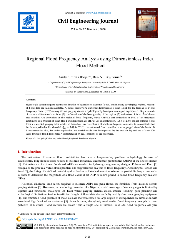 Pdf Regional Flood Frequency Analysis Using Dimensionless Index Flood
