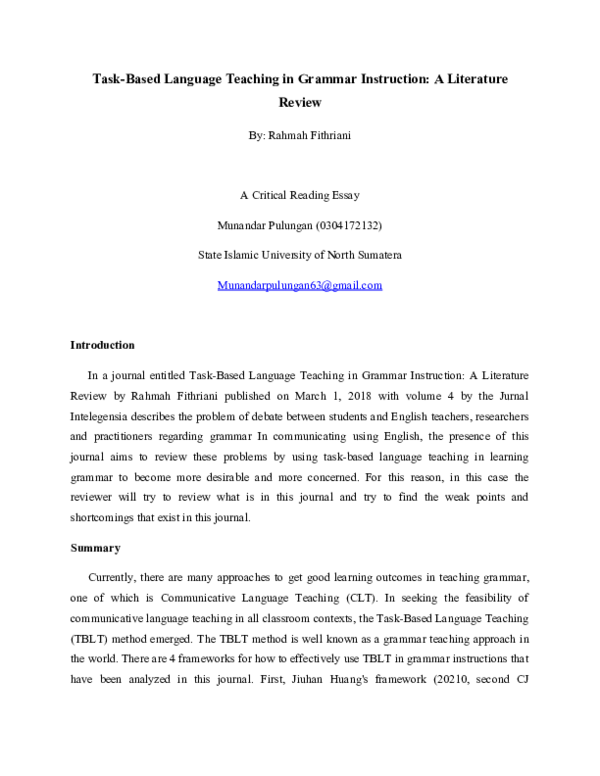 Task-Based Language Teaching in Grammar Instruction: A Literature Review