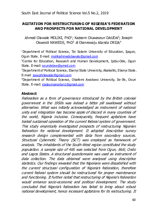 (PDF) AGITATION FOR RESTRUCTURING OF NIGERIA'S FEDERATION AND PROSPECTS FOR NATIONAL DEVELOPMENT ...