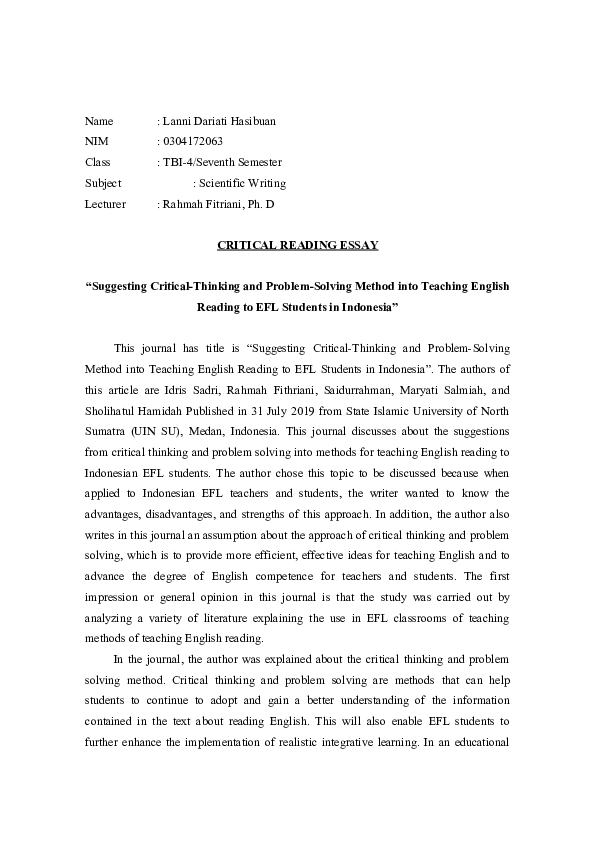 (DOC) Critical Reading Essay "Suggesting Critical-Thinking and Problem ...