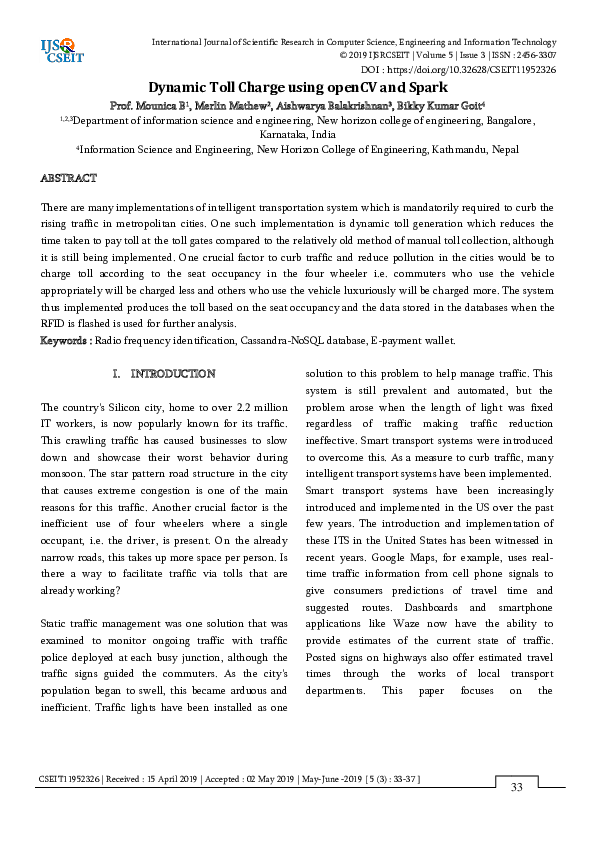 (PDF) Dynamic Toll Charge using openCV and Spark