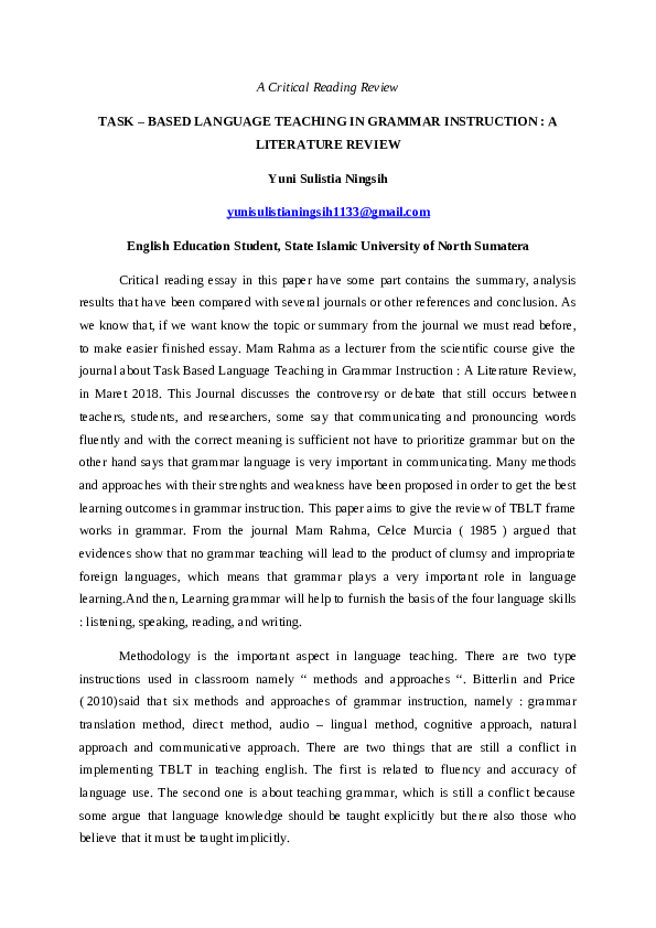 Pdf A Critical Reading Review Task Based Language Teaching In
