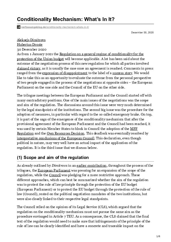 (PDF) Conditionality Mechanism: What's In It?