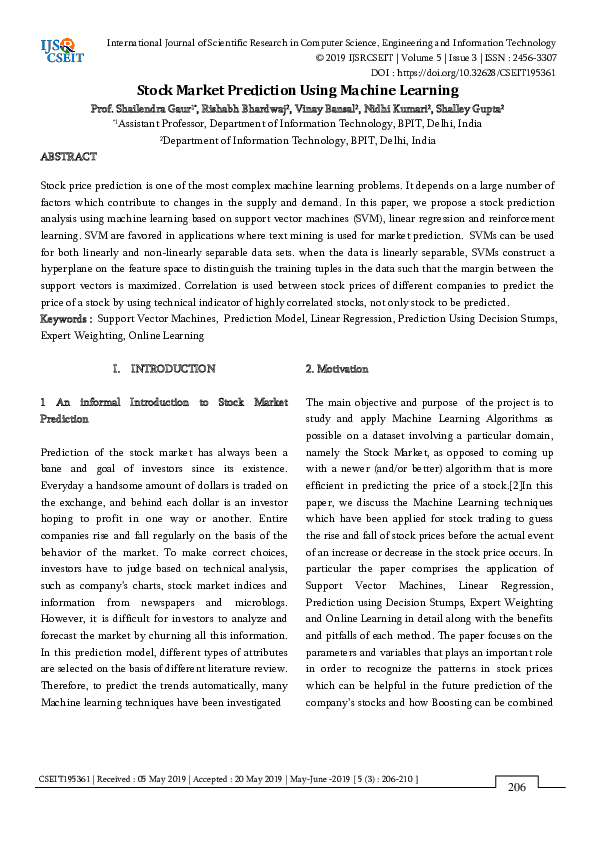 (PDF) Stock Market Prediction Using Machine Learning