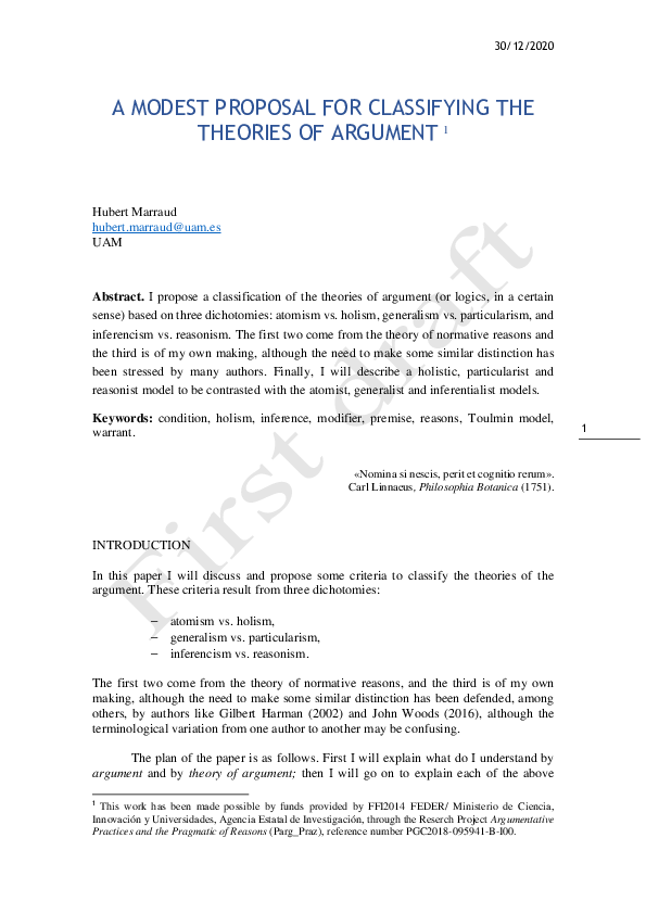 (PDF) A MODEST PROPOSAL FOR CLASSIFYING THE THEORIES OF ARGUMENT