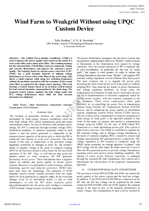Pdf Ijert Wind Farm To Weakgrid Without Using Upqc Custom Device