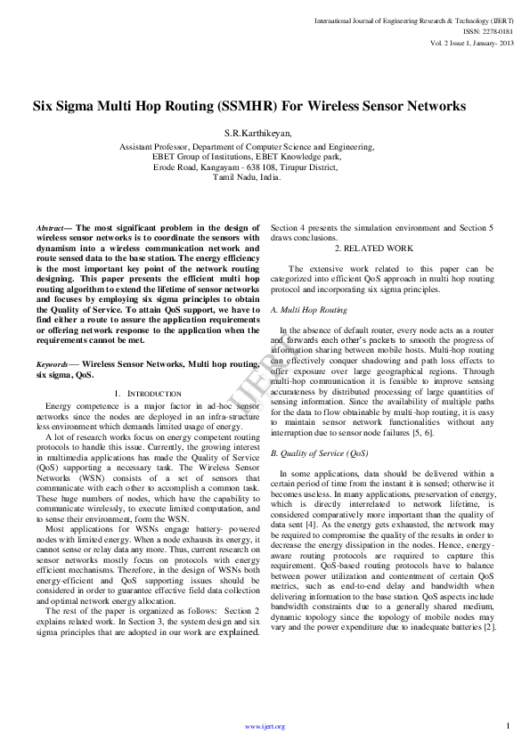 (PDF) IJERT-Six Sigma Multi Hop Routing (SSMHR) For Wireless Sensor Networks