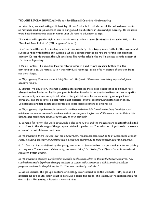 (PDF) THOUGHT REFORM THURSDAYS -- Robert Jay Lifton's 8 Criteria for ...