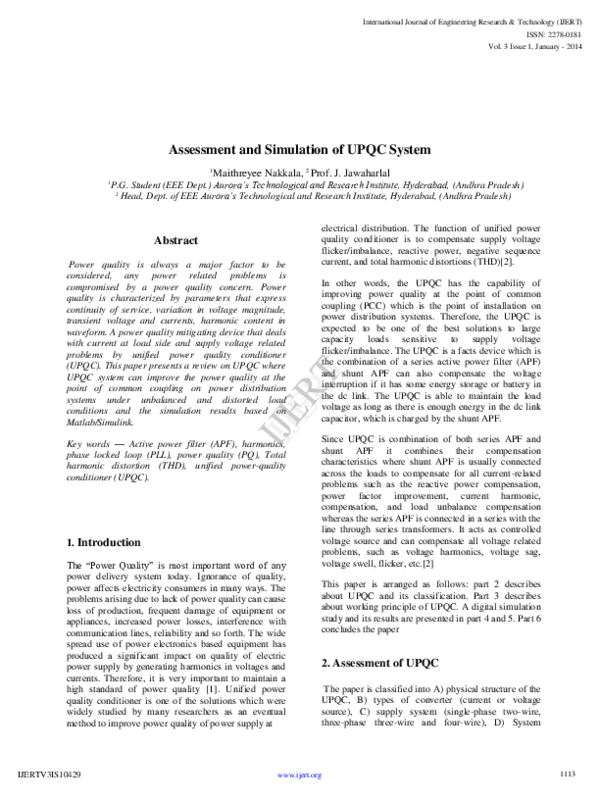 Pdf Ijert Assessment And Simulation Of Upqc System 8415