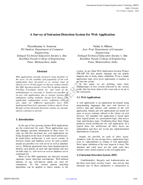 Pdf Ijert A Survey Of Intrusion Detection System For Web Application 5695
