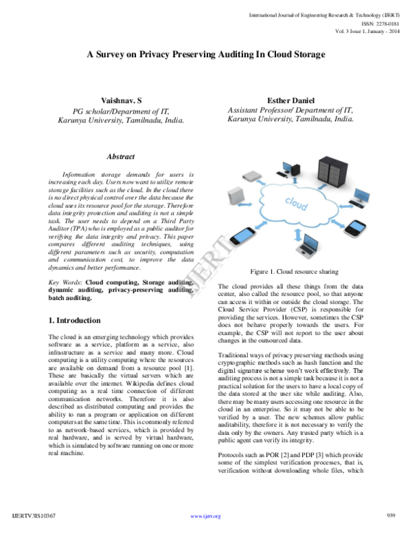 (PDF) IJERT-A Survey on Privacy Preserving Auditing In Cloud Storage