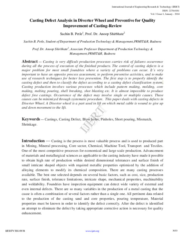 (PDF) IJERT-Casting Defect Analysis in Diverter Wheel and Preventive for Quality Improvement of ...