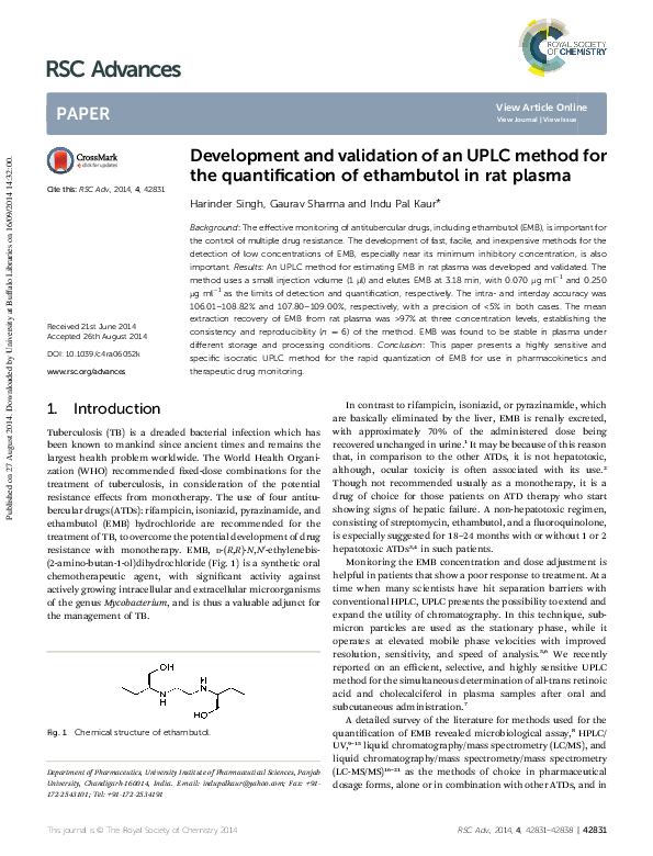 Pdf Development And Validation Of An Uplc Method For The Quantification Of Ethambutol In Rat