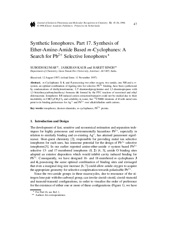 (PDF) Synthetic Ionophores. Part 17. Synthesis of Ether-Amine-Amide ...