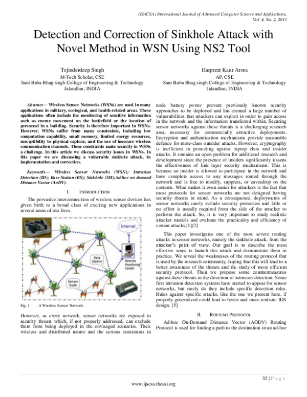 (PDF) Detection and Correction of Sinkhole Attack with Novel Method in WSN Using NS2 Tool