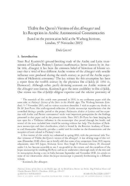 (PDF) Thābit ibn Qurra's Version of the Almagest and Its Reception in ...
