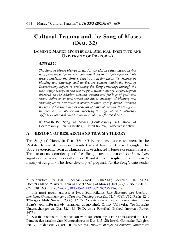 (PDF) Markl, Dominik, “Cultural Trauma and the Song of Moses (Deut 32 ...