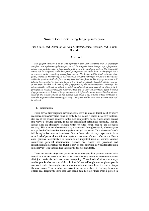 (DOC) Smart Door Lock Using Fingerprint Sensor