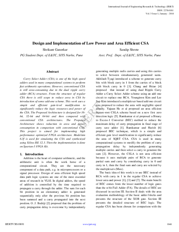 Pdf Ijert Design And Implementation Of Low Power And Area Efficient Csa