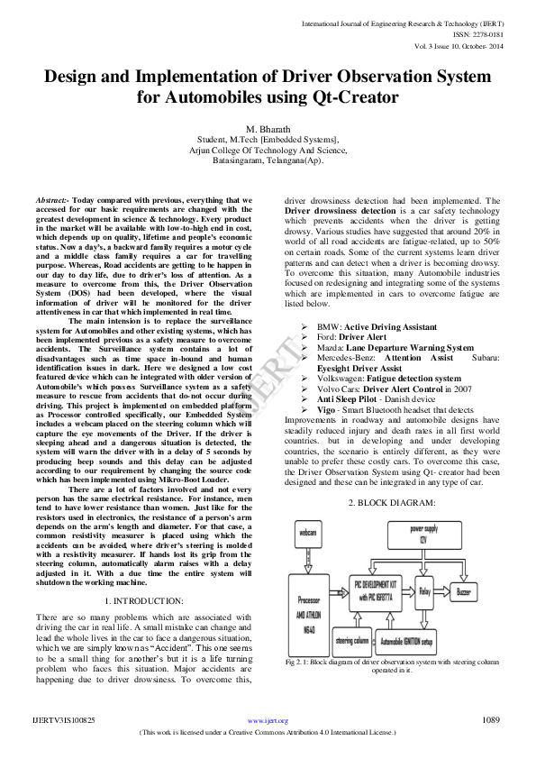 Pdf Ijert Design And Implementation Of Driver Observation System For Automobiles Using Qt Creator