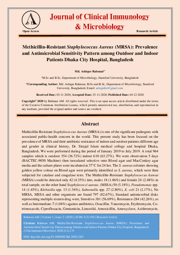 (PDF) Methicillin-Resistant Staphylococcus Aureus (MRSA): Prevalence and Antimicrobial ...