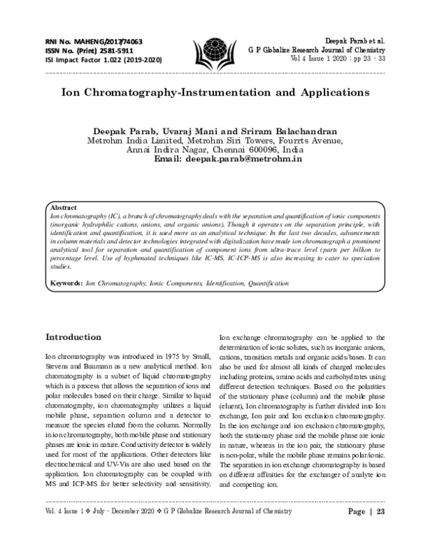 (PDF) Ion Chromatography-Instrumentation and Applications Deepak Parab ...