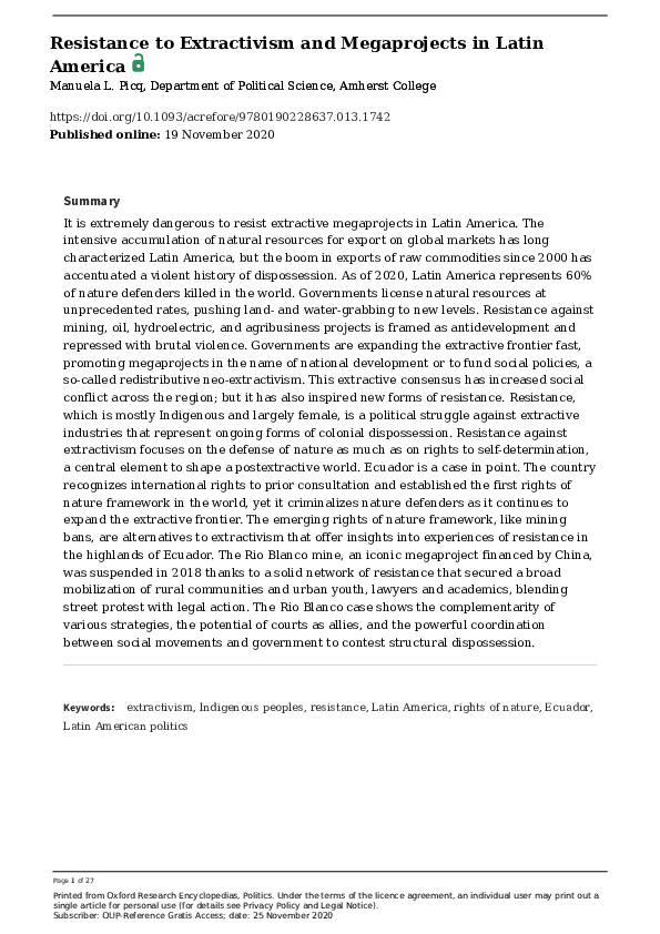 (PDF) Resistance to Extractivism and Megaprojects in Latin America