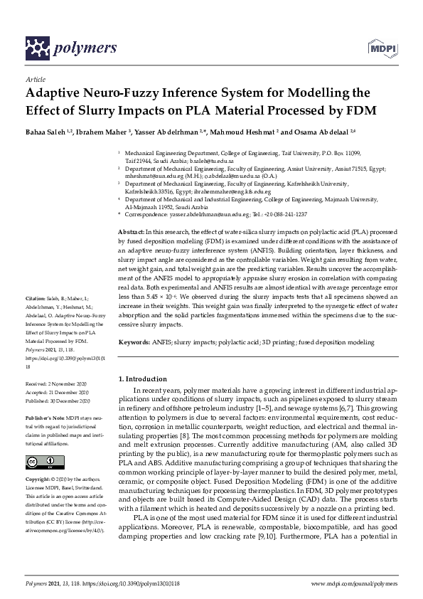 (PDF) Adaptive Neuro-Fuzzy Inference System for Modelling the Effect of Slurry Impacts on PLA ...
