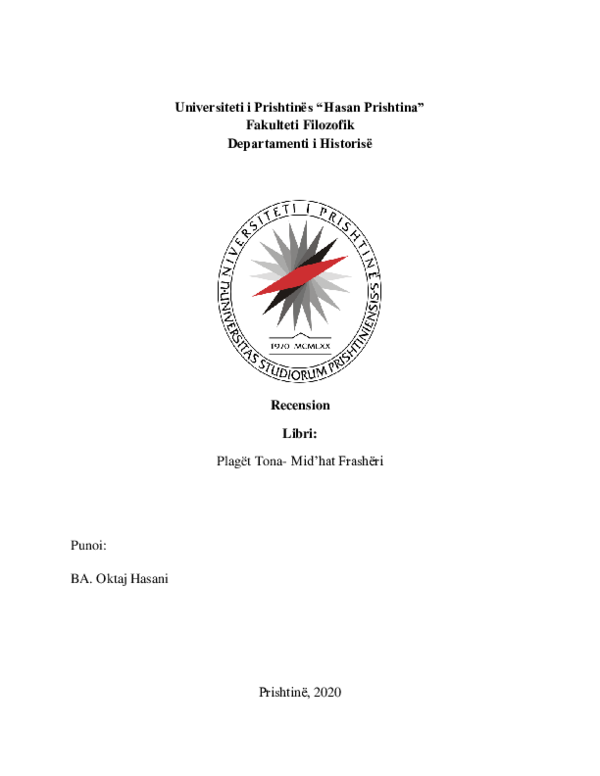 (PDF) Recension i librit "Plagët Tona", autor Midhat Frashëri