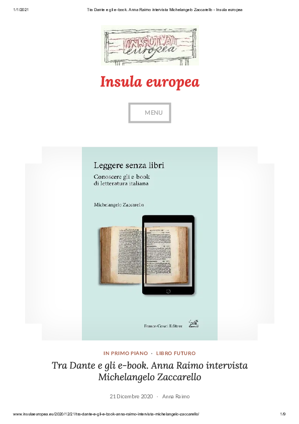 (PDF) Tra Dante e gli e-book. Anna Raimo intervista Michelangelo Zaccarello